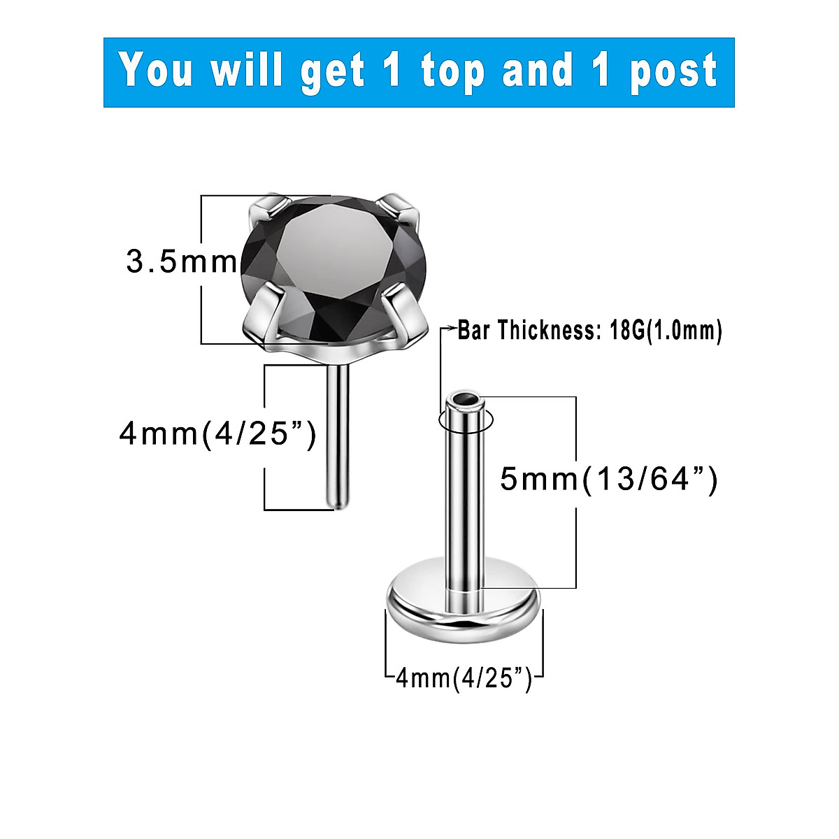 Tragus Piercing Jewelry Surgical Steel Cartilage Earrings 18g Threadless Nose Stud 5mm Lip Ring Push in Labret 3.5mm Black CZ Nose Rings for Women Conch Stud Helix Earring Rook Earrings Flat Back