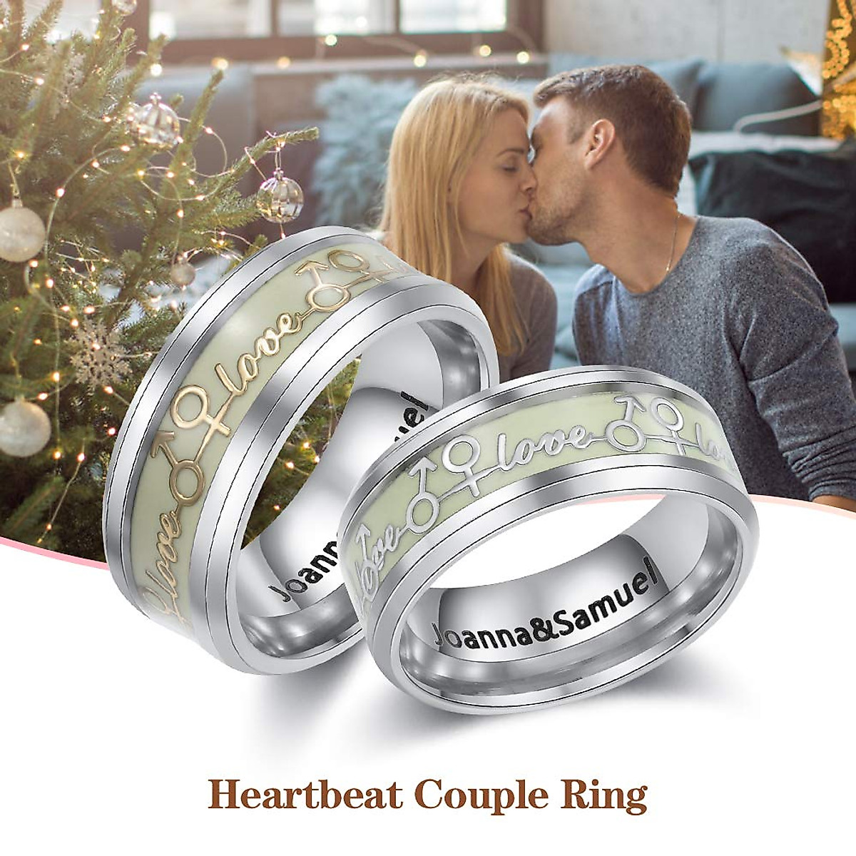 Ashleymade Personalized Couples Rings Set for Him and Her Promise Rings for Couples Engraving Luminous Ring Stainless Steel Engagement Rings for Couples Valentines Day (Couples Rings Set -2)