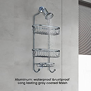 GOODBUY Shower Caddy Over Shower Head, Aluminum Shower Organizer Hanging, Rustproof Shower Rack Shower Shelf Shower Holder for Shampoo and Soap with 2 Wash Cloth Hooks, Gray, 11.8" x 4.7" x 25"