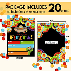 Fiesta Mexican Themed Party Invitations for Birthday Celebration, Retirement, or Cinco De Mayo, 20 5x7 Fill In Cards with Twenty White Envelopes by AmandaCreation