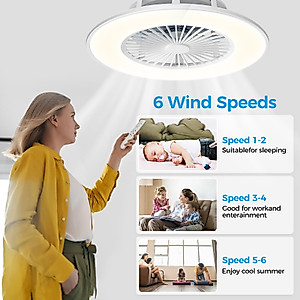 22 Inch Ceiling Fan with Lights Remote Control, Bladeless Bedroom Ceiling Fans with Lights Dimmable, 6 Speeds LED Ceiling Fan Quiet, Night Light/Color Temperature Adjustment/Timing Off/App Control