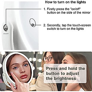 McegFen Rechargeable Lighted Makeup Mirror, 3 Color Lights Double-Sided 1x/5x Magnifying Mirror, Brightness Adjustable Smart Vanity Mirror with Lights Mode 360°Swivel and Touch Control Design