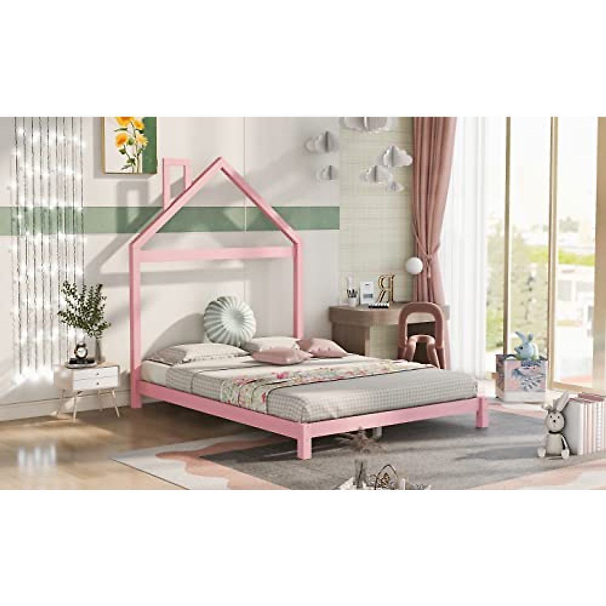 CKLMMC Full Size Wood Platform Bed with House-Shaped Headboard, Unique Platform Bed for Kids Boys Girls Bedroom, No Box Spring Required (Pink/House-B)