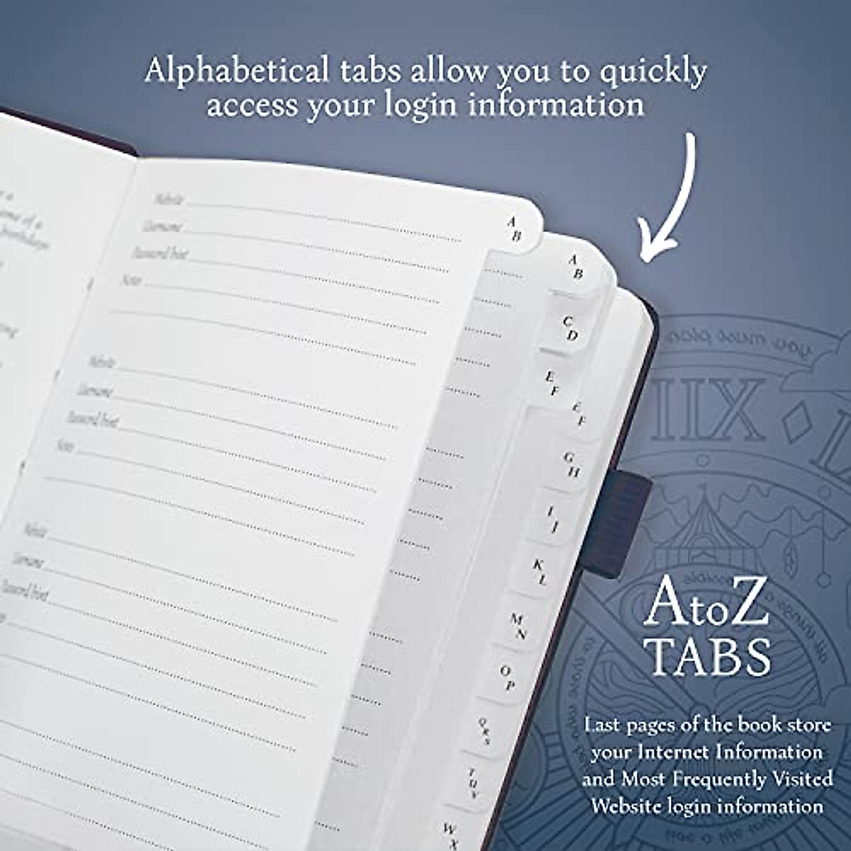 Legend Planner Password Book with Alphabetical tabs. Internet Address Keeper Logbook. Journal for Website Logins, Pocket 4x5.5" (Mystic Blue)