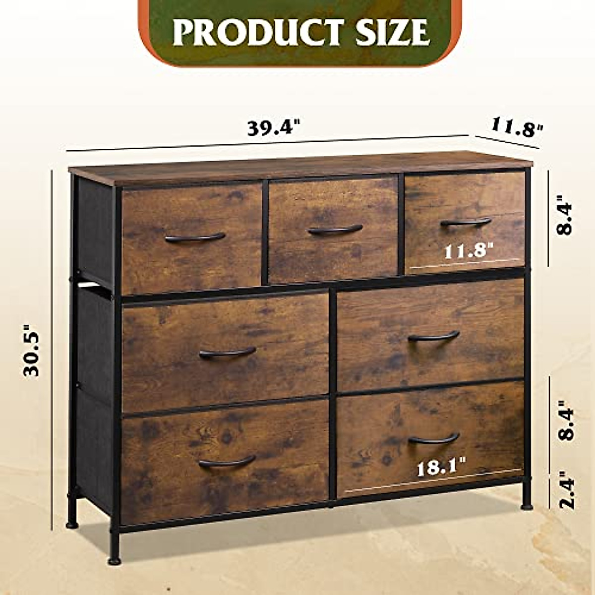 WLIVE Dresser TV Stand, Entertainment Center with Fabric Drawers, Media Console Table with Metal Frame and Wood Top for TV up to 45 inch, Chest of Drawers for Bedroom, Rustic Brown Wood Grain Print