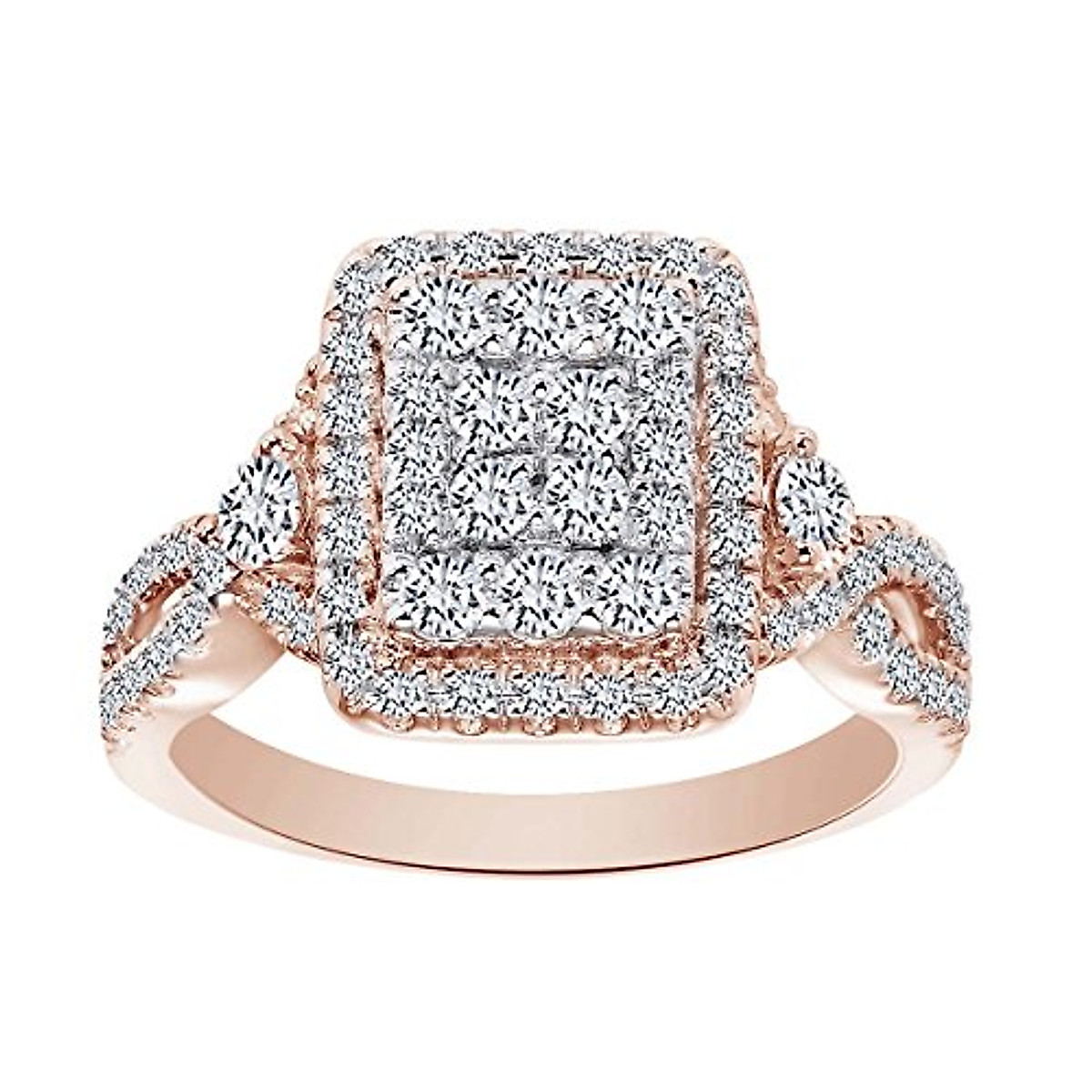 AFFY 14k Solid Rose Gold Round Cut White Natural Diamond Halo Engagement Wedding Ring 1 cttw Ring Size-4