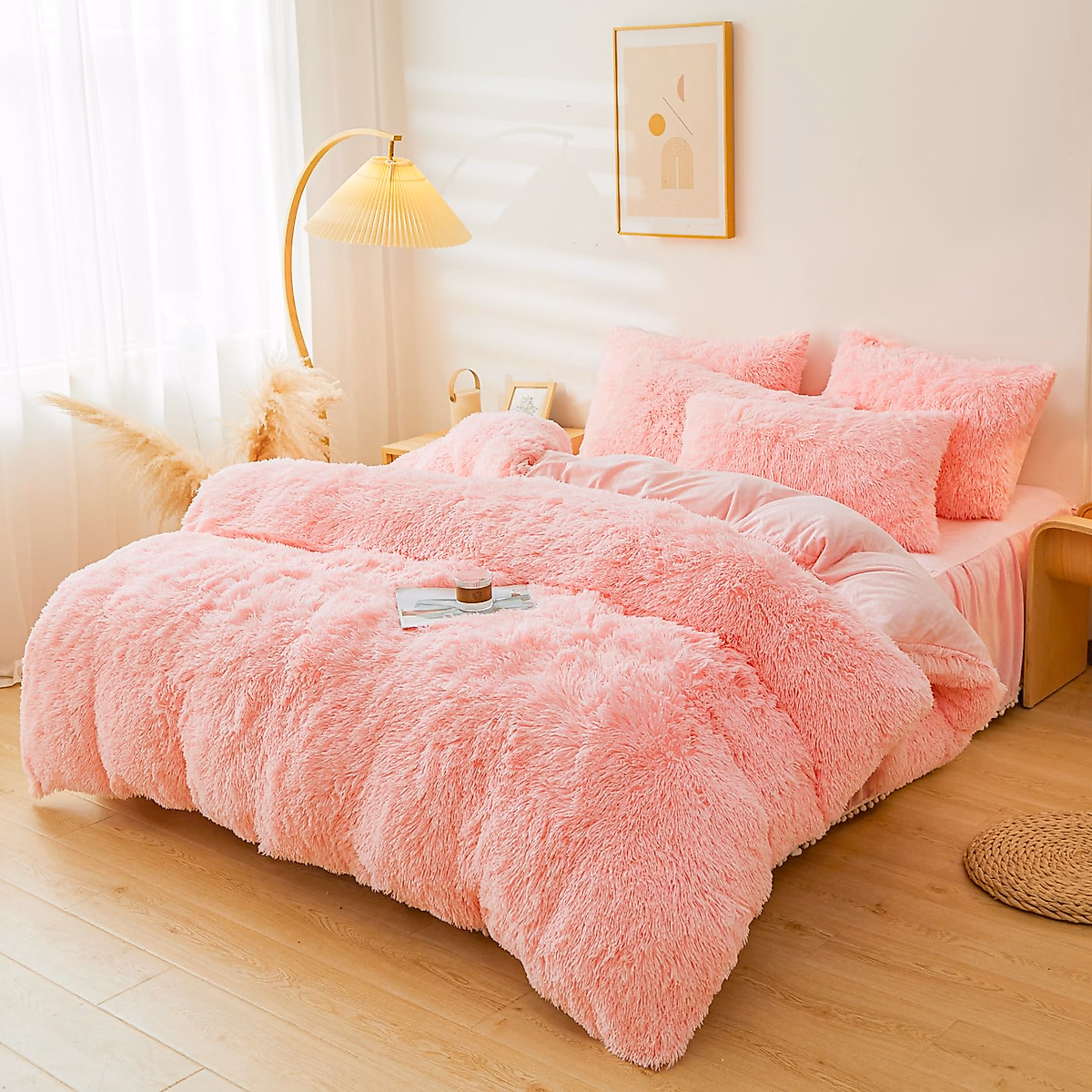 ERLOXO Fluffy Pink Faux Fur Comforter Cover Set，Fluffy Fuzzy Plush Pink Bedding 3Pcs (1 Faux Fur Duvet Cover +2 Fuzzy Pillowcases) Pink Fluffy Bed Set (Pink, Queen)