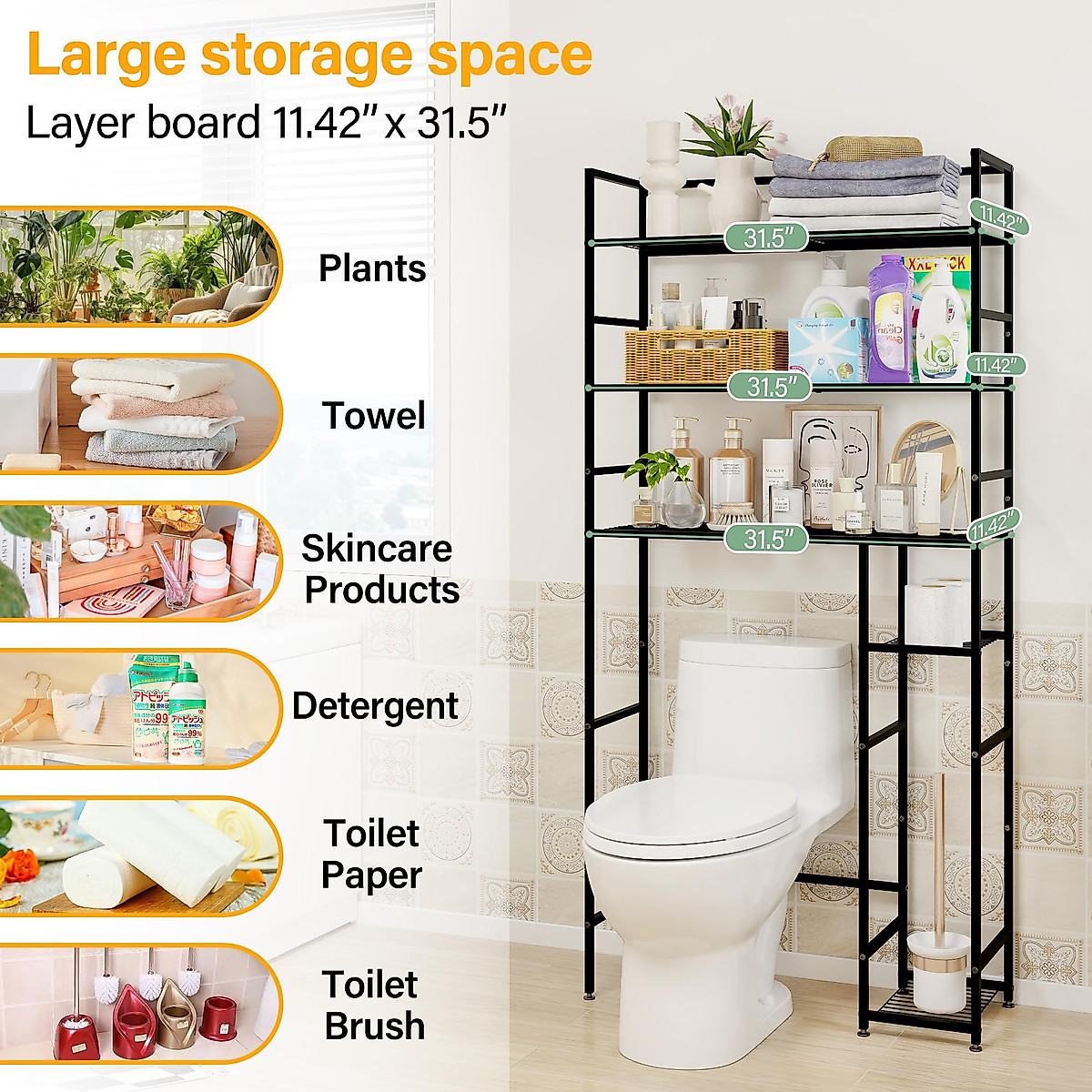 MallBoo Over The Toilet Storage, 5 Tier Bathroom Organizer Shelf, 31.5''W Toilet Rack with Adjustable Feet, Bathroom Rack for Restroom, Laundry, Balcony（Black）
