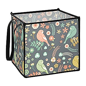 Kigai Retro Flowers Birds Cube Storage Bins, 13x13x13inch Collapsible Fabric Storage Cubes Organizer with Handles Decorative Storage Baskets for Home, Shelf, Closet