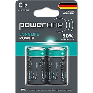 Power ONE LONGLIFE Power C Battery | Long Performing Alkaline Batteries Made in Germany with Up to 10 Years Shelf Life - Pack of 2