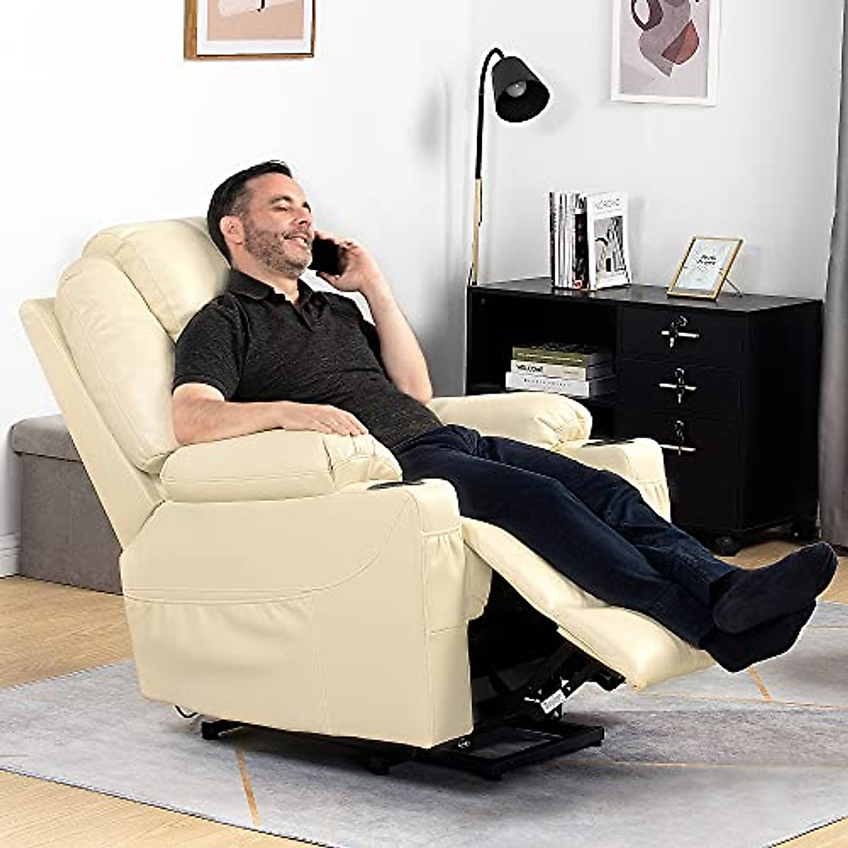 YITAHOME Power Lift Recliner Chair for Elderly, Electric Lift Chair with Heat and Massage, Faux Leather Recliner Sofa with 2 Cup Holders, Side Pockets & Remote Control for Living Room (White)