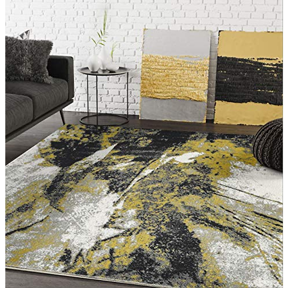 Abani Contemporary Abstract Turkish Area Rug, Laguna Collection Grey & Yellow Modern 4' x 6' Rectangle Accent Rugs
