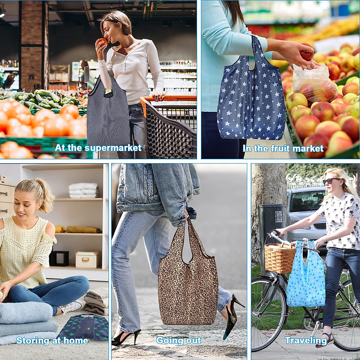 DXMWWTP Foldable Reusable Shopping Bags,Tote Bags, 6 Pack Grocery Bags with Hook, Eco-friendly Travel Recycle Shopping Bags in Pocket, Waterproof and Machine Washable for Daily Shopping Supplies load