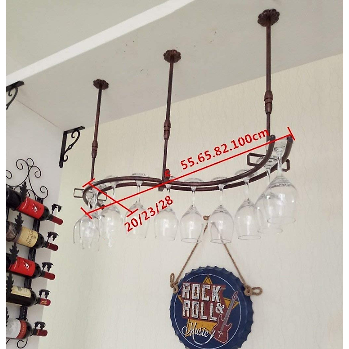 FOVKP Wine Display Rack,Suspension Hanging Wine Glasses Holder Goblet Shelf,Wine Stemware Rack Red Wine Cup Holder Hanging Upside Down Goblet Holder for Home Kitchen Bar,Wrought Iron Win