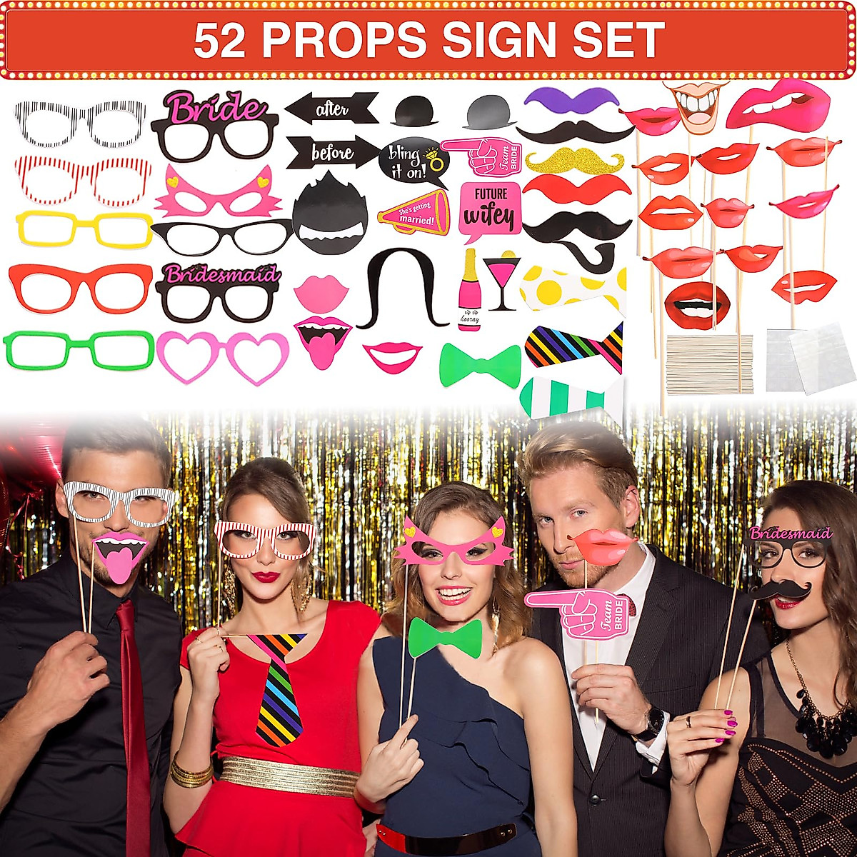 Bulk Opulent Photo Booth Props Set for Adult, Novelty Funny Hats and Glasses, Colorful Wig, Inflatable, Phtot Booth Props Kit for Graduation, Wedding, Birthday, Bachelorette and All Occasions