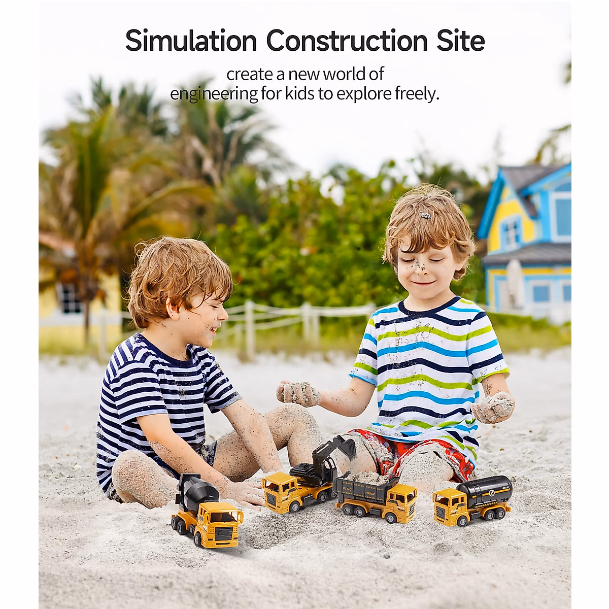 Geyiie Construction Trucks Toys, Kids Construction Vehicles Site, Sandbox Toys Playset for Boys Girls, Pull Back Cars Excavator Tractor Bulldozer Gifts for Party Favor