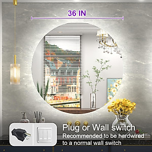 JSneijder 2-Piece LED Bathroom Mirror 36 Inch Backlit Round Mirror & 28x36 Inch Rectangular Framed Mirror, Wall Mounted Dimmable Anti-Fog