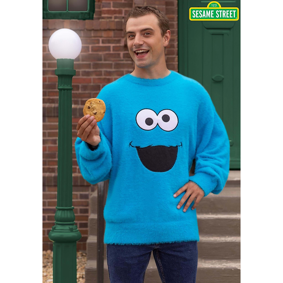 Fun Costumes Sesame Street Cookie Monster Fuzzy Oversized Sweater for Adults | Muppets Pullover Cosplay Clothing & Apparel L Blue