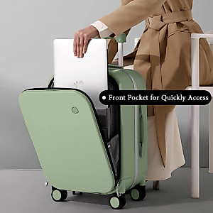 Mixi Carry On Luggage, 20'' Suitcase with Front Laptop Pocket, Travel Rolling Luggage Aluminum Frame PC Hardside with Spinner Wheels & TSA Lock and Cover - Avocado Green