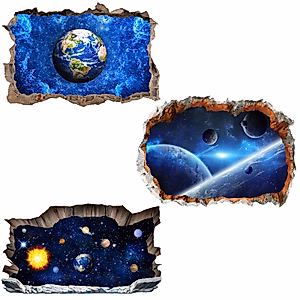 3 Pcs Universe Wall Stickers 3D Planet Galaxy Outer Space Nine Planet Window Decals Decorations Murals Wall Art Decorative Sticker for Kids Living Room Bedroom Nursery Playroom Party Decor Supplies