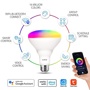 LVWIT Smart LED Bulbs, BR30 Wi-Fi Smart Light Bulb, E26 100W Replacement, Work with Alexa, Google Assistant, Tuya App, Dimmable 1300 Lumens RGB Color Changing Bulb (13W), No Hub Required, 2-Pack