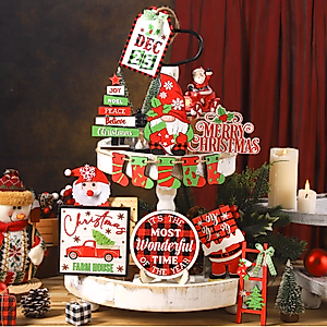 Tradder 14 Pcs Christmas Tiered Tray Decor Christmas Stockings Red Truck Xmas Tree Santa Gnome Merry Christmas Wooden Signs Christmas Table Decorations Rustic Farmhouse Decor for Home Table Shelf