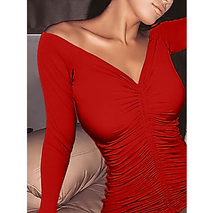 XXTAXN Women's Sexy Elegant Long Sleeve Off The Shoulder Ruched Mini Dress Red
