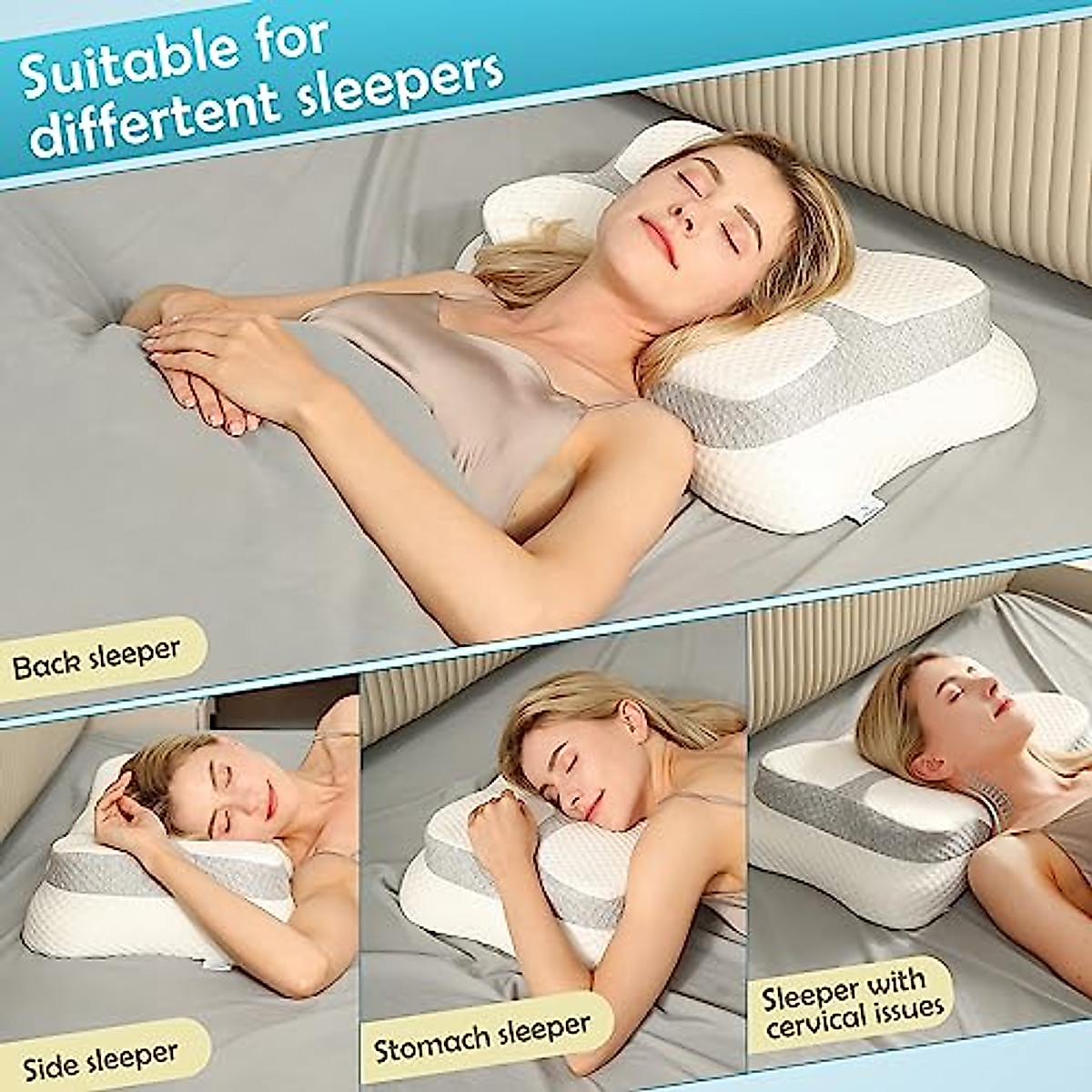VIEWALL Cervical Pillow for Neck Pain Relief, Ergonomic Memory Foam Pillows Contour Orthopedic Neck Support Pillows for Side, Back and Stomach Sleepers (White & Grey, Standard Size)