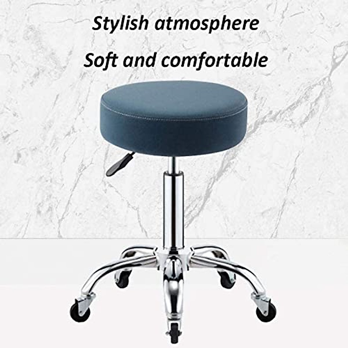 Rolling Swivel Stool Saddle Chair Stool on Wheel， Nail Stool with Gray PU Synthetic Leather Seat， Adjustable Height 45-55 cm， Supported Weight 160 Kg， Adjustable Swivel Rolling Stool for Massage Spa