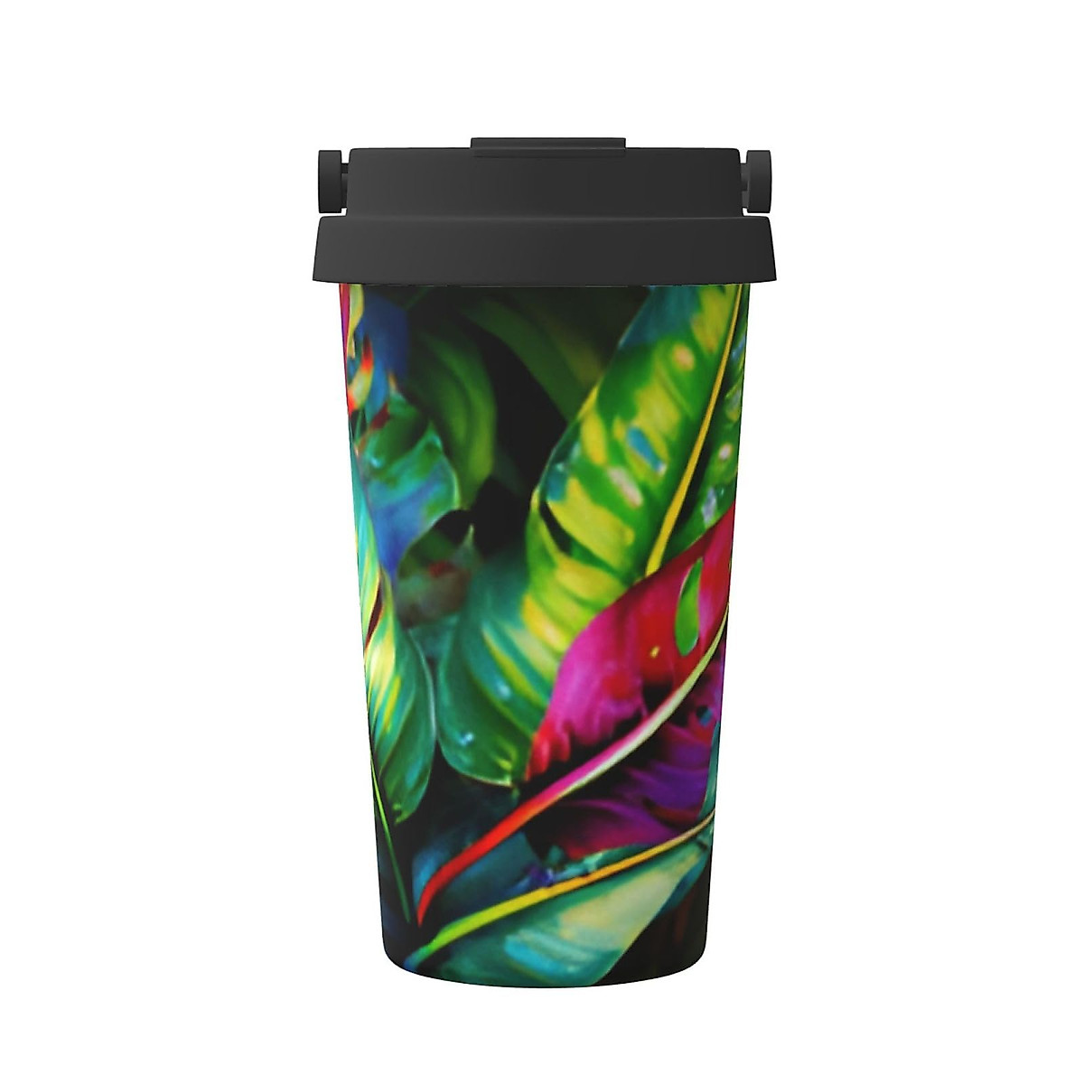 Insulated Coffee Mug Colorful Tropical Leaf 17oz Double Wall Vacuum Stainless Steel Tumbler With Leak-Proof Lid And Handle, Cute Travel Thermos Mug For Cold Hot Drinks