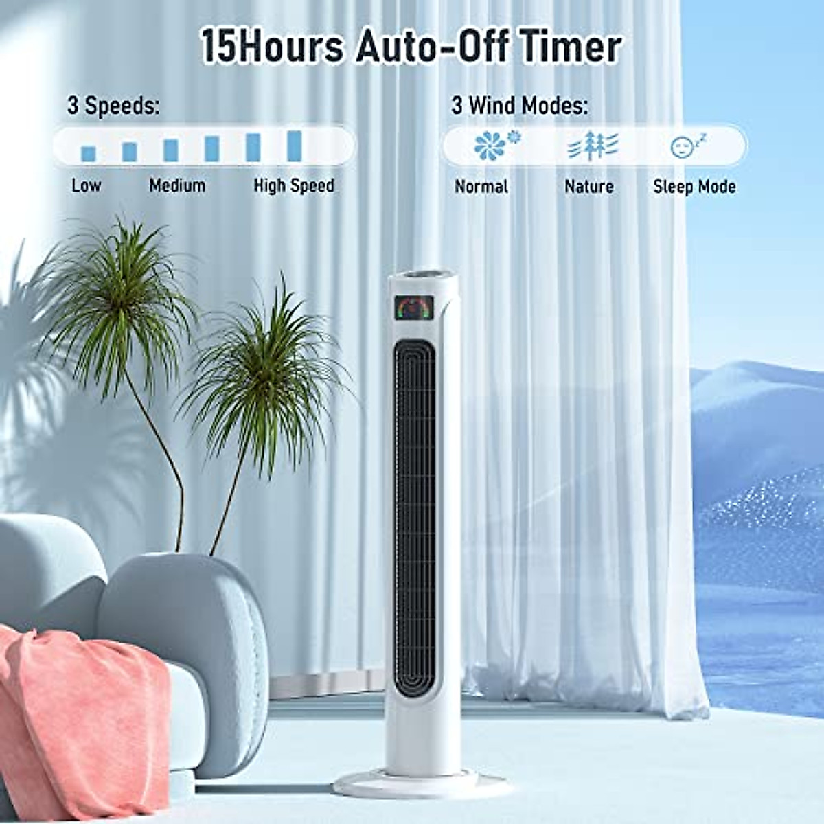 CHRUN 36''Oscillating Tower Fan, Remote Control, Quiet Stand Up Fan, 3 Speed, 3 Modes,15-Hour Timer, LED Display, 70° Oscillating Wider Air Coverage Tower Fan for Cooling Bedroom Home Office (White)