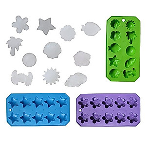 Chef Craft Set of 3 Flexible Shaped Ice Cube Trays. Sun, Star, Flower, Tree and Sealife. Fun Party Combo, Silver