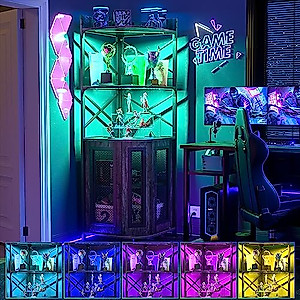 Aheaplus Corner Bar Cabinet with Power Outlet, Industrial Wine Cabinet with LED Strip and Glass Holder, 5-Tiers Liquor Cabinet Bar Unit for Home, Corner Display Cabinet for Small Space, Grey Oak