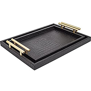 MACVAD Set of 2 Modern Elegant Large Wood Serving Tray, Black Crocodile Leather with Gold Polished Metal Handles, Rectangle Decorative Tray for Ottoman Coffee Table Living Room
