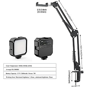 Overhead Phone Mount, Articulating Arm Cell Phone Holder with LED Light, Flexible Phone Stand for Live Streaming, Video Recording, Painting Lighting, Cooking