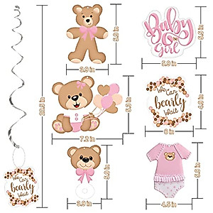 20Pcs Pink Bear Baby Shower Hanging Swirls Decorations, We Can Bearly Wait Kids Bear Themed Foil Ceiling Swirls for It's A Girl Gender Reveal Photo Prop Hanging Decor Streamers Birthday Party Supplies