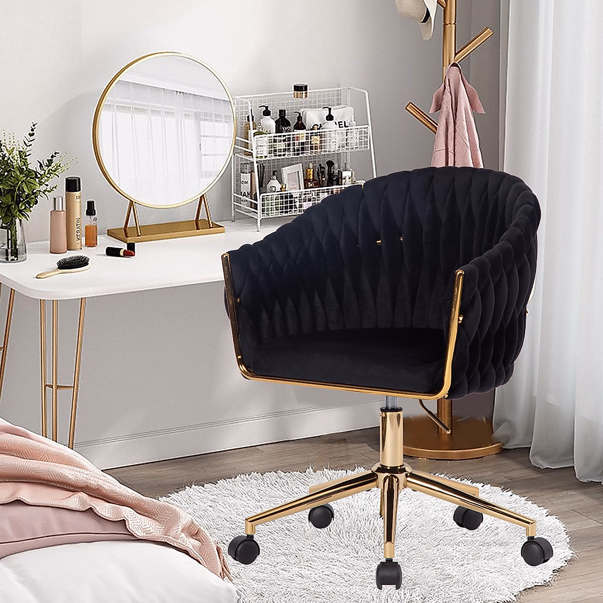 linting Velvet Accent Chair Home Office Desk Chairs with Wheels Modern Mid Back Swivel Vanity Chair Armchair, Adjustable Makeup Chair (Black)