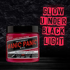 MANIC PANIC Hot Hot Pink Hair Dye - Classic High Voltage - Semi Permanent Cool-toned Medium Neon Pink Hair Color That Glows In Blacklight - Vegan, PPD & Ammonia Free (4oz)