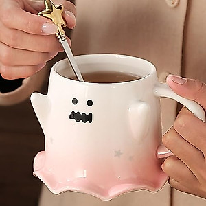 IVYDREVER Pumpkin Mug,Halloween Coffee Cups,Ceramic Coffee Mug, Cute Ghost Coffee Mug with Witch Hat Lid,Pumpkin Mug Ceramic Coffee Mugs and Tea Mug (Elf-Green+Pink)