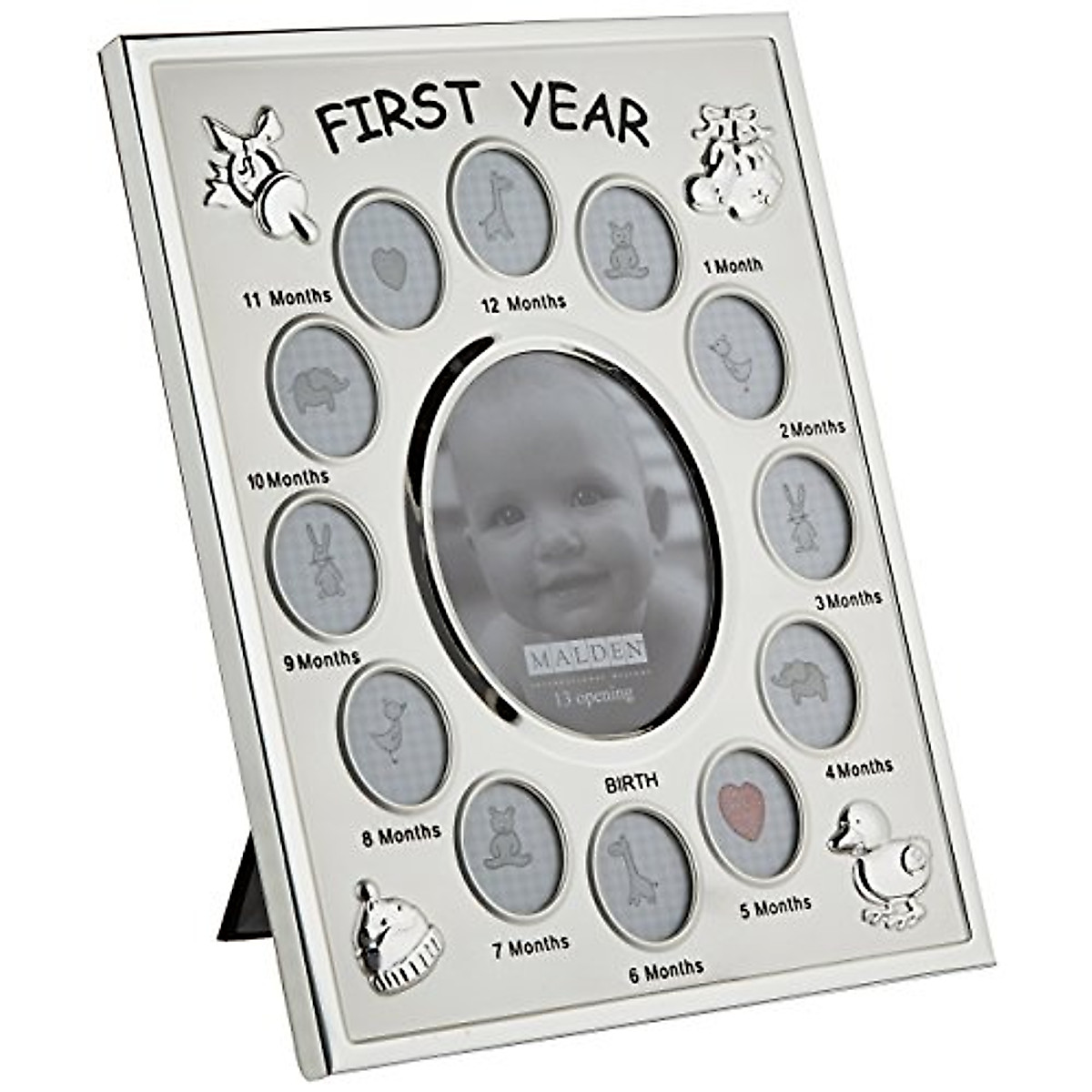 Malden International Designs Baby's First Year Collage Picture Frame, 13 Option, 1-3.5x4, 12-1x1, Silver