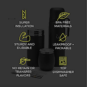 BALIBETOV Complete Yerba Mate Set - Modern Mate Gourd, Thermos, Yerba Container, Bombilla and Cleaning Brush Included - All Premium Quality 304 18/8 Stainless Steel (BLACK)