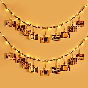 2 Pcs LED Wall Hanging Photo Display with Wooden Beads Boho Garland Decor 4.75 Feet String Lights with 9 DIY Photo Collage Card Holders Clips for Christmas Home Light Decor