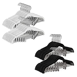 SONGMICS Pants Hangers Bundle, 2 Sets of 30-Pack Velvet Hangers with Adjustable Clips, Non-Slip, Space-Saving for Pants, Skirts, Coats, Dresses, Tank Tops, White and Black UCRF012W02 and UCRF12B30