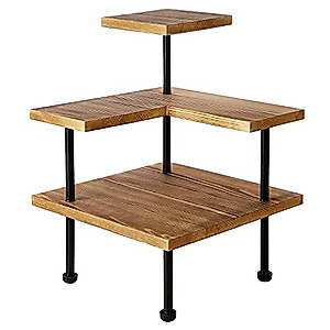 MyGift 3 Tier Rustic Burnt Wood Kitchen Countertop Corner Shelf, Counter Spice and Condiment Storage Display Rack, with Black Industrial Metal Pipe Legs