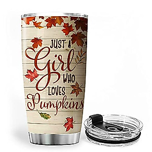 ZOXIX Just A Girl Who Loves Pumpkin Tumbler With Lid 20oz Vintage Autumn Coffee Mug Stainless Steel Cup Fall Leaves Pumpkin Themed Gifts For Women Halloween Farm Girl Tumblers
