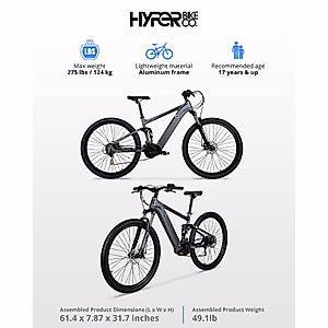 Hyper E-Ride Electric Mountain Bike for Adults 29 Inch. 250w, 36v Battery, Mountain Ebike with Shimano 7-Speed Grip Shifter. Dual Suspension. Rear Air Shock Electric Bicycle for Adults. Matte Grey
