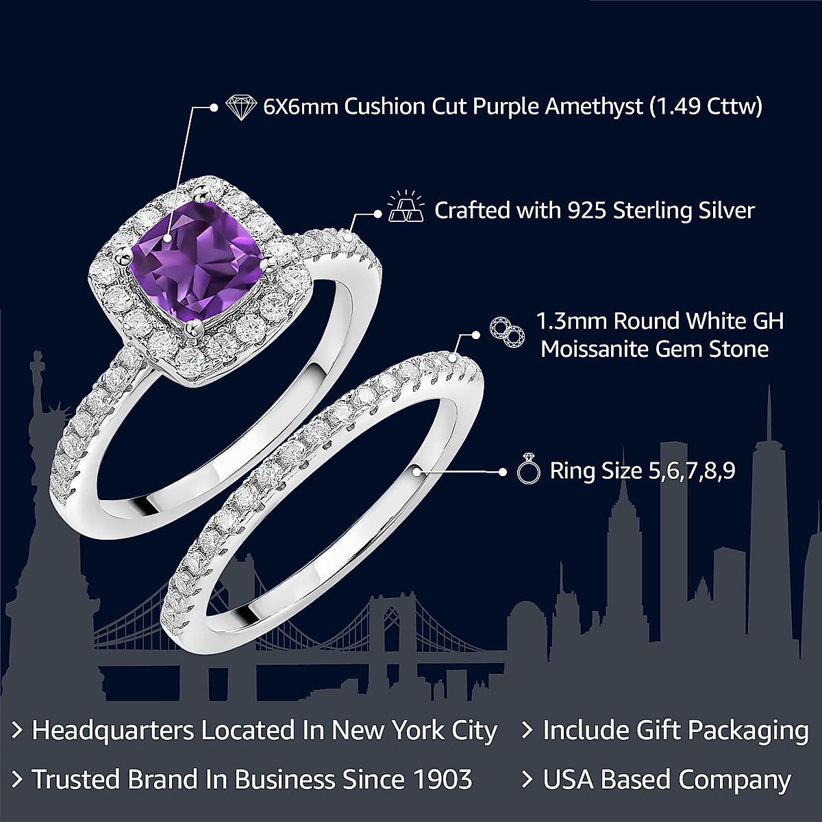 Gem Stone King 925 Sterling Silver Purple Amethyst and White Moissanite Wedding Engagement Ring Band Bridal Set For Women (1.49 Cttw, Cushion 6MM, Available In Size 5, 6, 7, 8, 9)