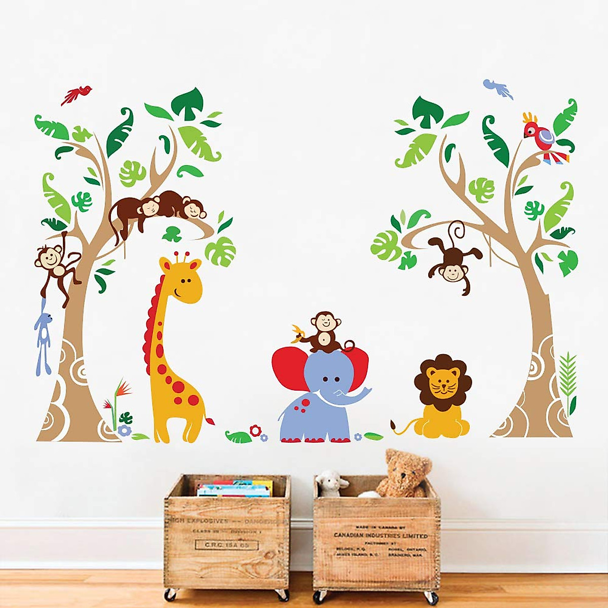 Runtoo Jungle Animals Tree Wall Decals for Nursery Baby Kids Bedroom Monkey Giraffe Elephant Wall Stickers Adventure Wall Décor