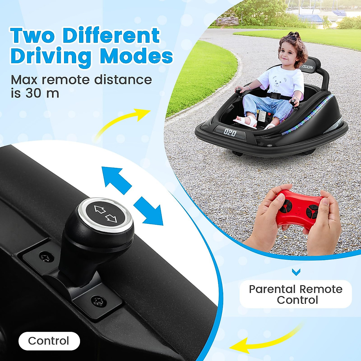 OLAKIDS Bumper Car for Toddlers, 12V Kids Electric Ride on Toy with Remote Control, Battery Powered Vehicle Racer for Baby, 360 Degree Spin Rotation, Colorful Flashing LED Lights, Music (Black)