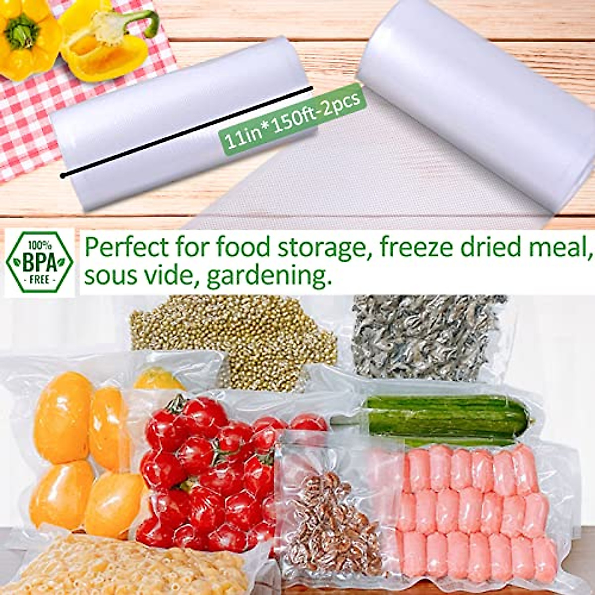 Vacuum Sealer Bags Roll 2 Pcs 11" x 150' Rolls (Total 300 feet) Vac Seal Bags for Food Saver Storage, Meal Saver Freezer Vacuum Sealer Bags, Sous Vide Bags Vacuum Sealer, Non-BPA Vacuum Sealer Bags